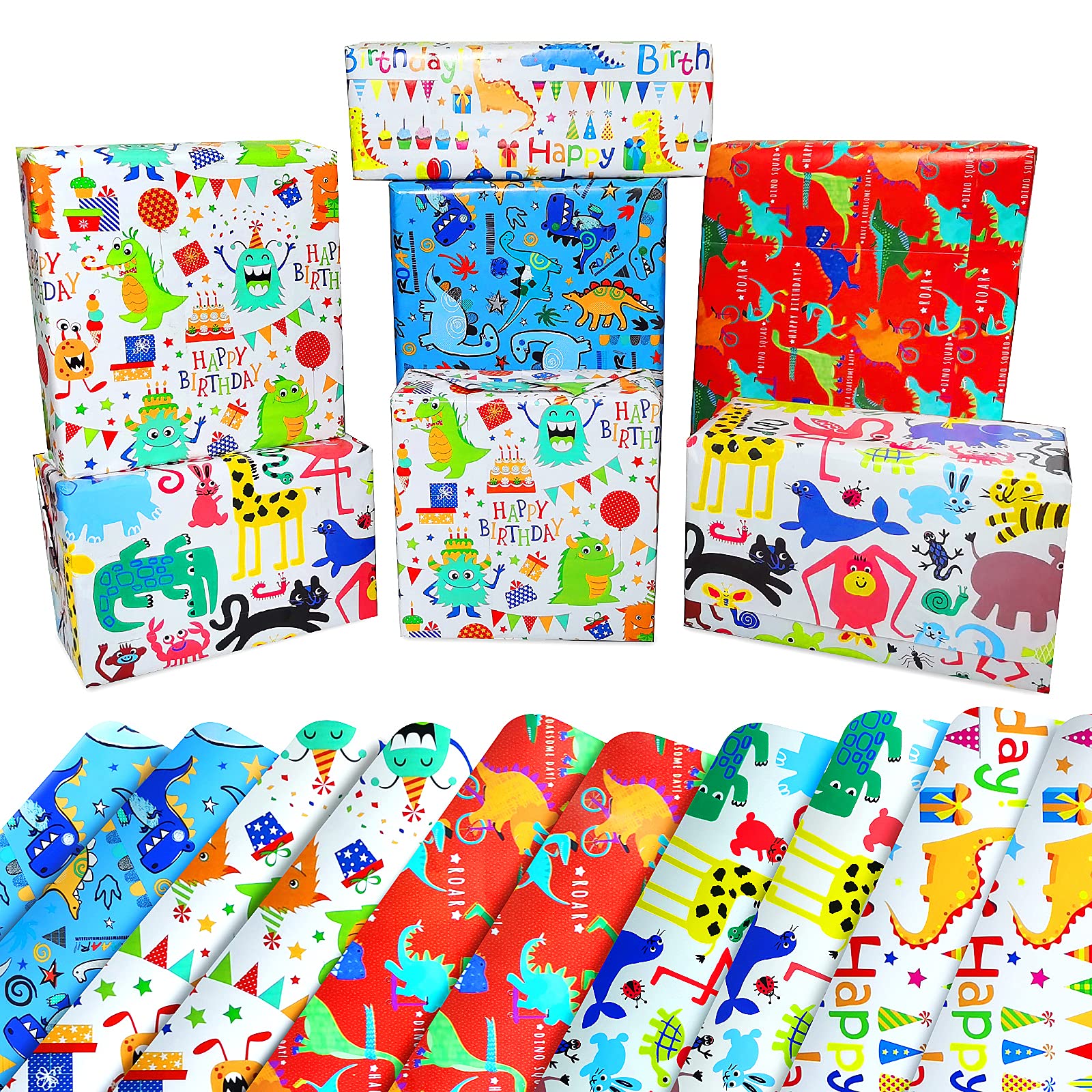 Birthday Wrapping Paper for Boys-Dinosaur Wrapping Paper Kids-Boy Birthday Wrapping Paper Dinosaur Sheets-10 Pack Gift Wrapping Paper Birthday for Boys,Toddlers,Girls,Children,Holiday,Baby Shower-Happy Birthday Wrapping Paper for Boys Gift Wrap Paper