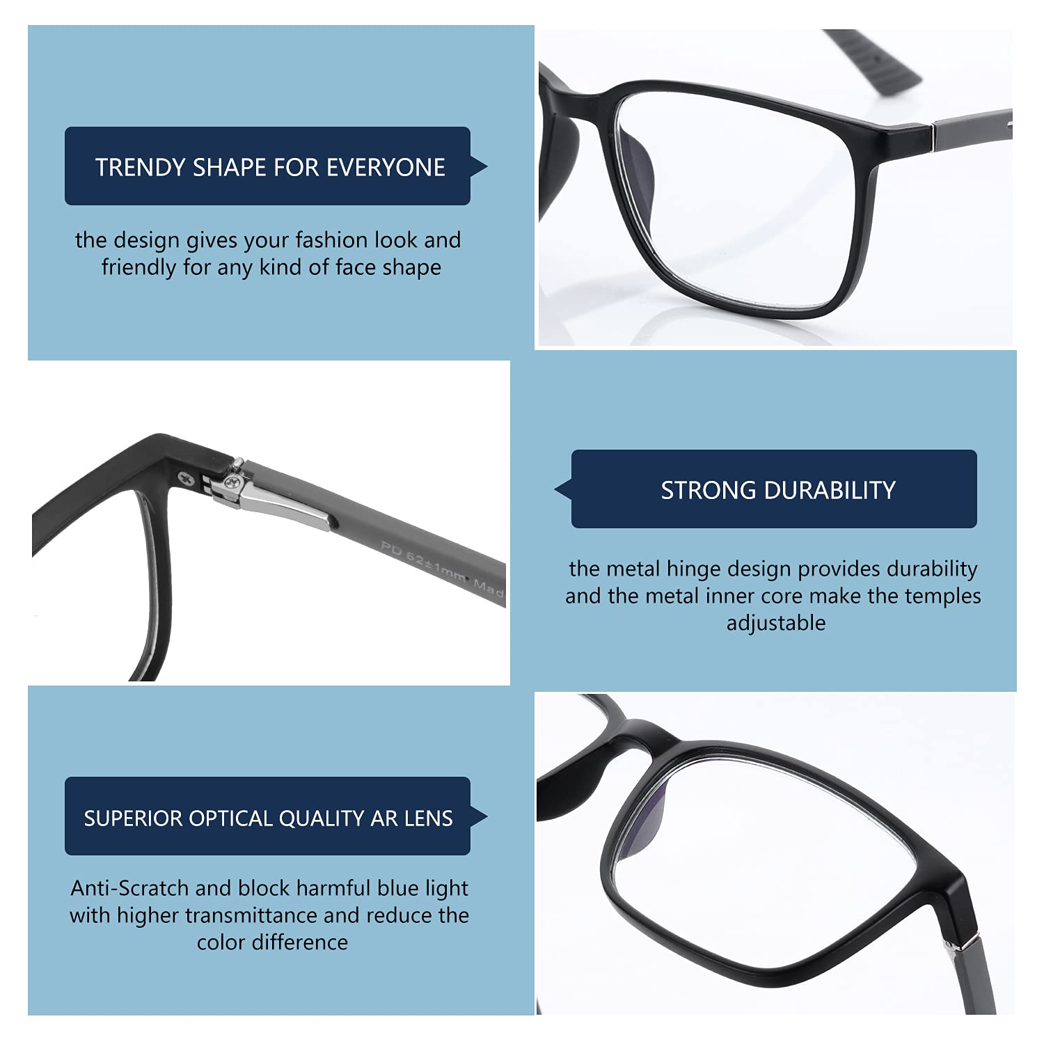 BLUEMOKY Blue Light Reading Glasses for Men,Sport Square Frame Readers, Anti Glare Computer Glasses