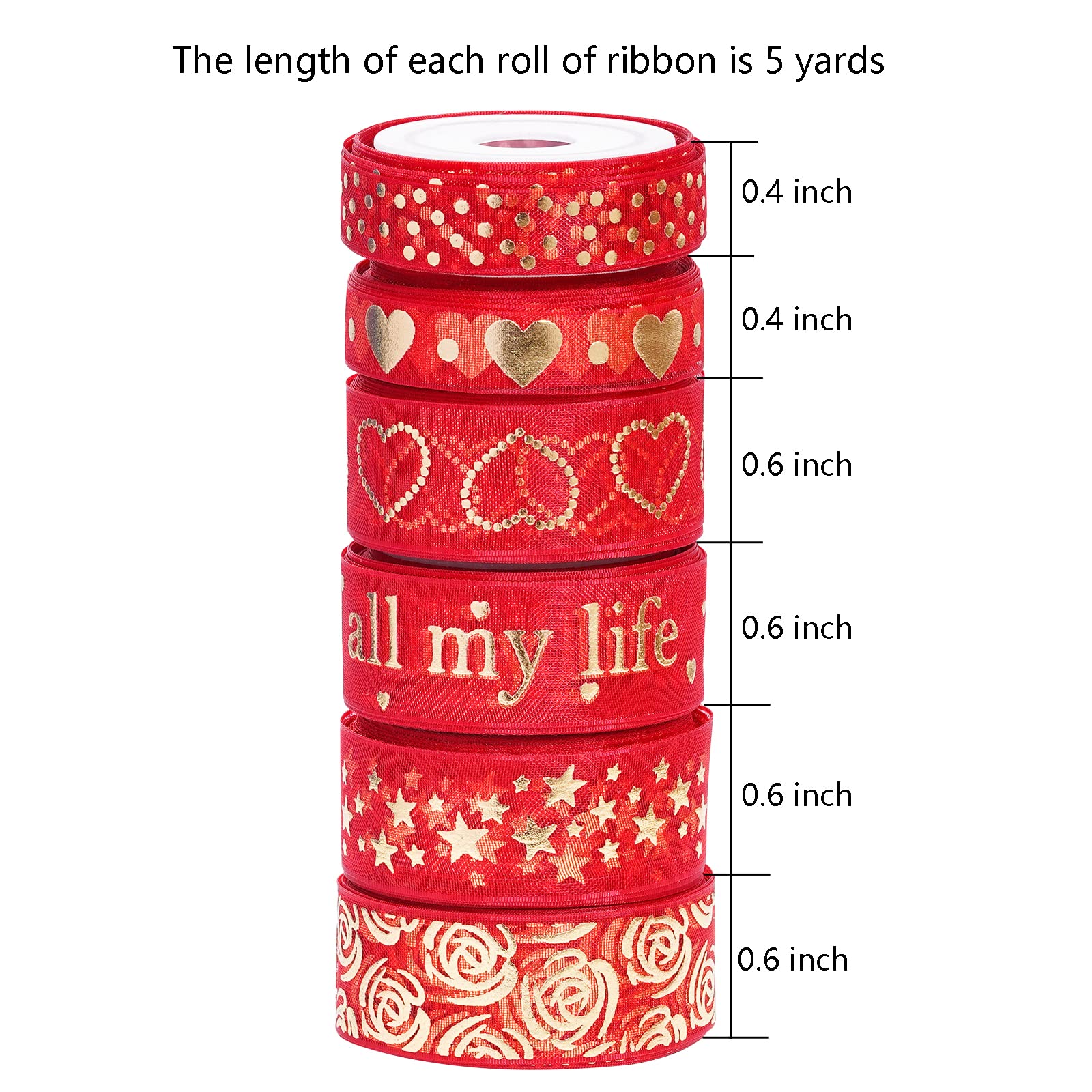 Yookat 6 Rolls Valentine's Day Ribbon Printed Heart Ribbons Mother's Day Ribbon for Valentine's Day Mother's Day Wedding Gift Wrapping