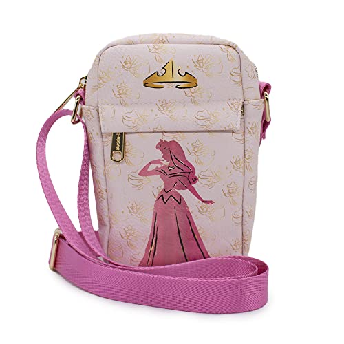 Buckle Down Disney Bag, Cross Body, Princess Aurora Pose Silhouette and Fairy Godmothers, Pink, Vegan Leather, Sleeping Beauty