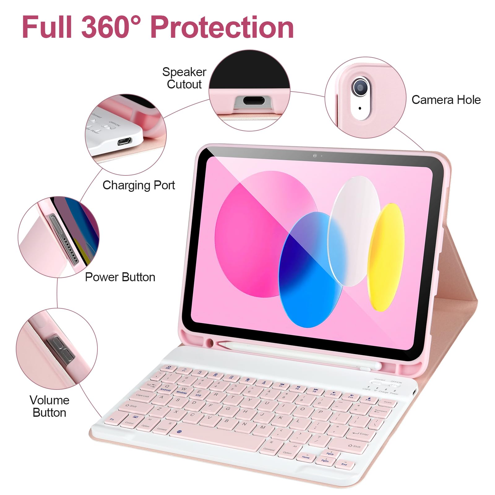 AHYWTAN iPad 10th Generation Case with Keyboard,Keyboard Case for iPad 10th Gen 2022 10.9’’Keyboard for iPad 10th Gen with Pencil Holder,Detachable Bluetooth Keyboard Case for iPad 10.9 2022,Pink
