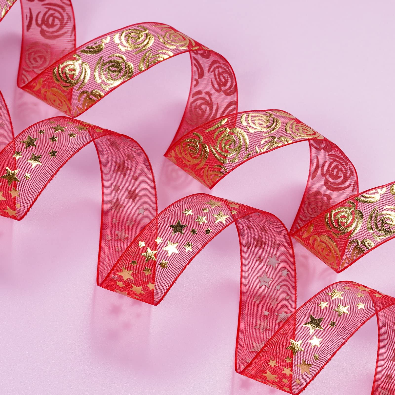 Yookat 6 Rolls Valentine's Day Ribbon Printed Heart Ribbons Mother's Day Ribbon for Valentine's Day Mother's Day Wedding Gift Wrapping