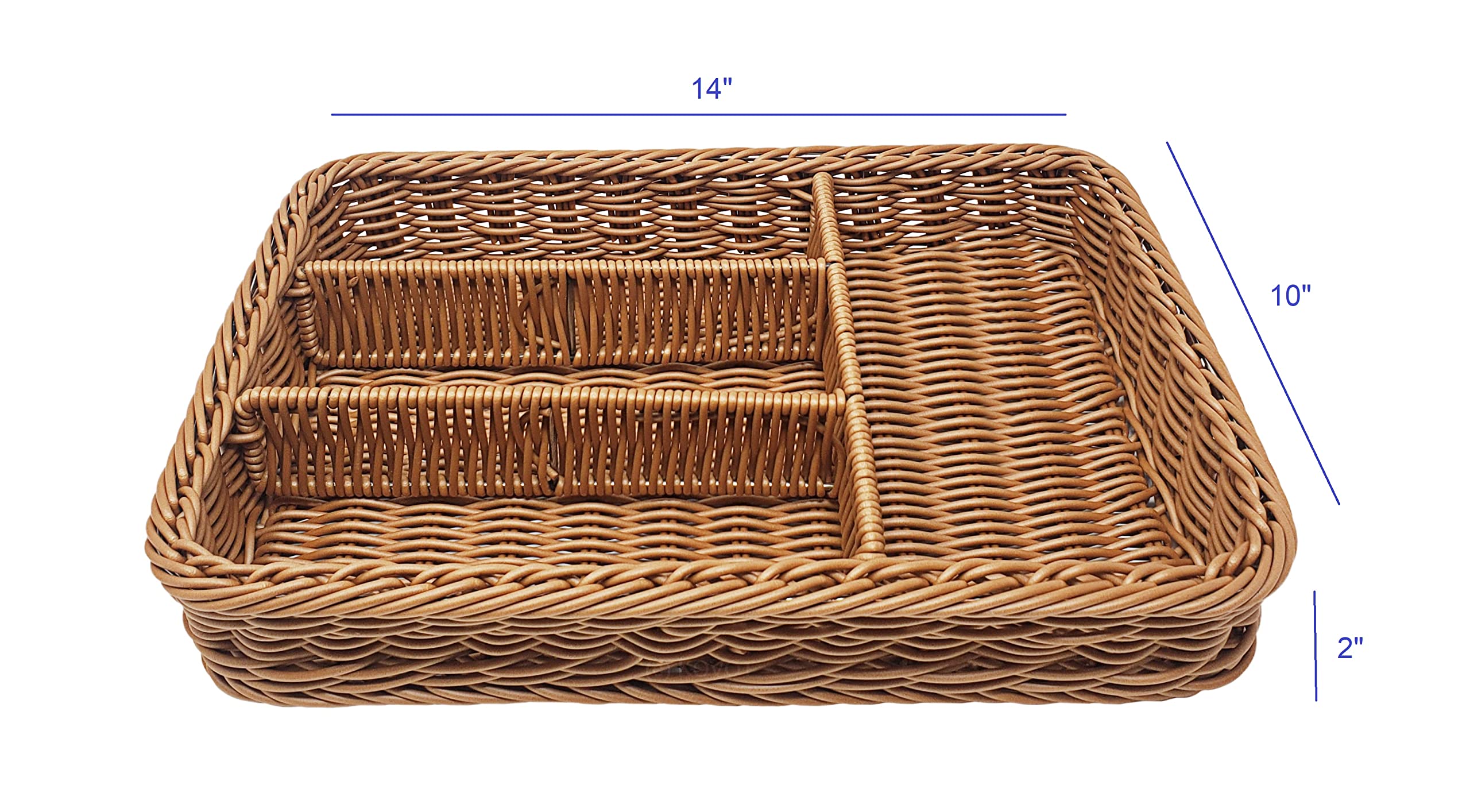 KOVOT Poly-Wicker Divided Basket Tray For Storage, Food or Cutlery, Drawer Insert Compartment Organizer Woven Polypropylene - 14"L x 10"D x 2"H