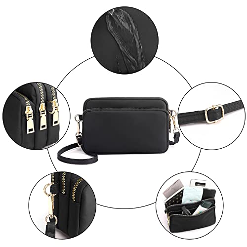 WITERY Multi Zipper Small Crossbody Bags for Women - Waterproof Mini Purse Nylon Travel Shoulder Bag Cell Phone Purse Pouch with Shoulder Strap