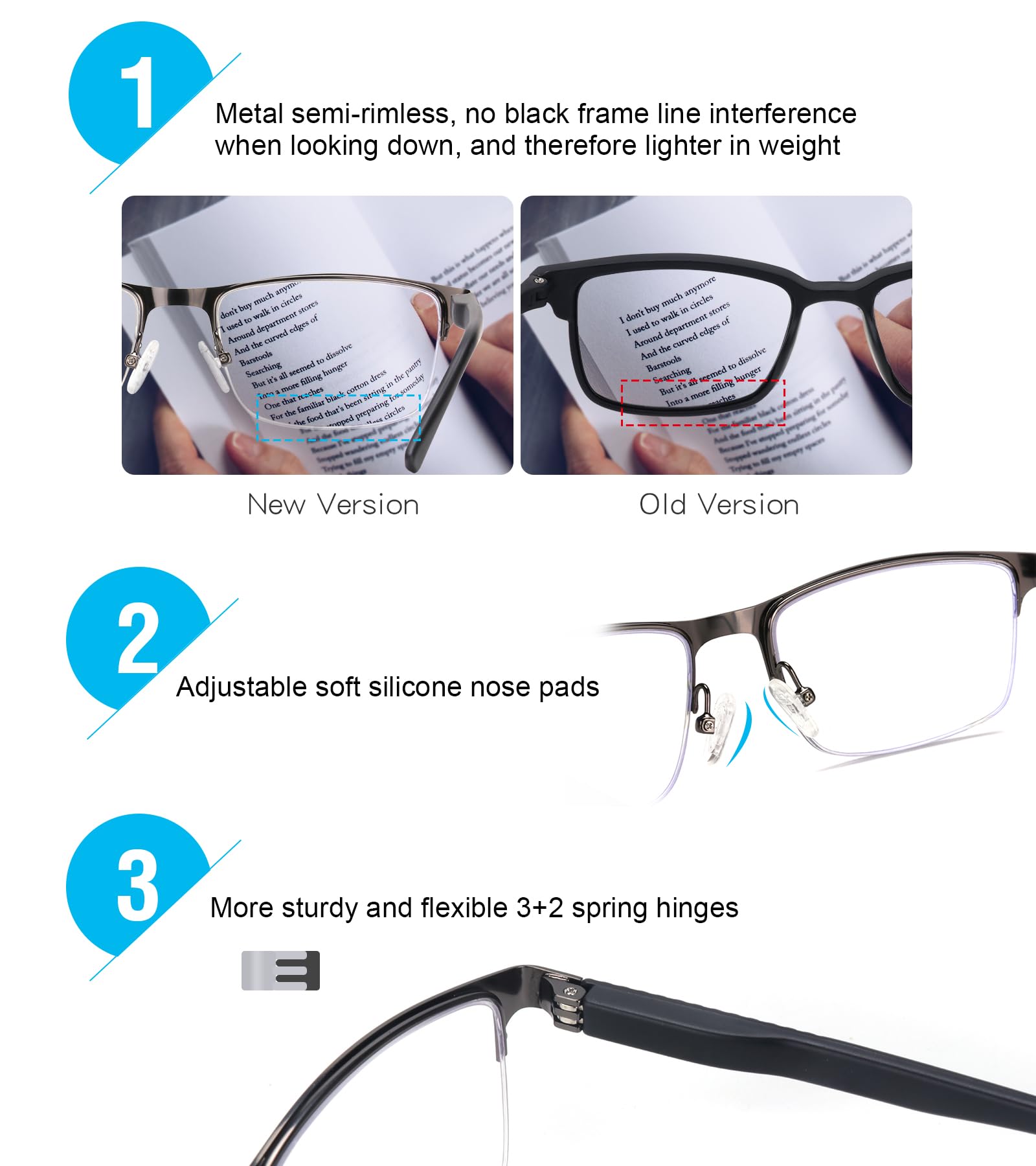 Missfive 2 Pack Mens Quality Progressive Multifocus Reading Glasses Blue Light Blocking, Man Spring Hinge No-Line Multifocal Readers Half Frame Metal Eyeglasses (Workspace For Near Range, 2.5x)