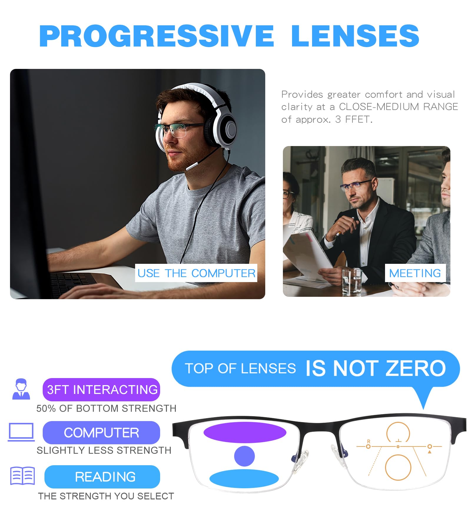 Missfive 2 Pack Mens Quality Progressive Multifocus Reading Glasses Blue Light Blocking, Man Spring Hinge No-Line Multifocal Readers Half Frame Metal Eyeglasses (Workspace For Near Range, 2.5x)