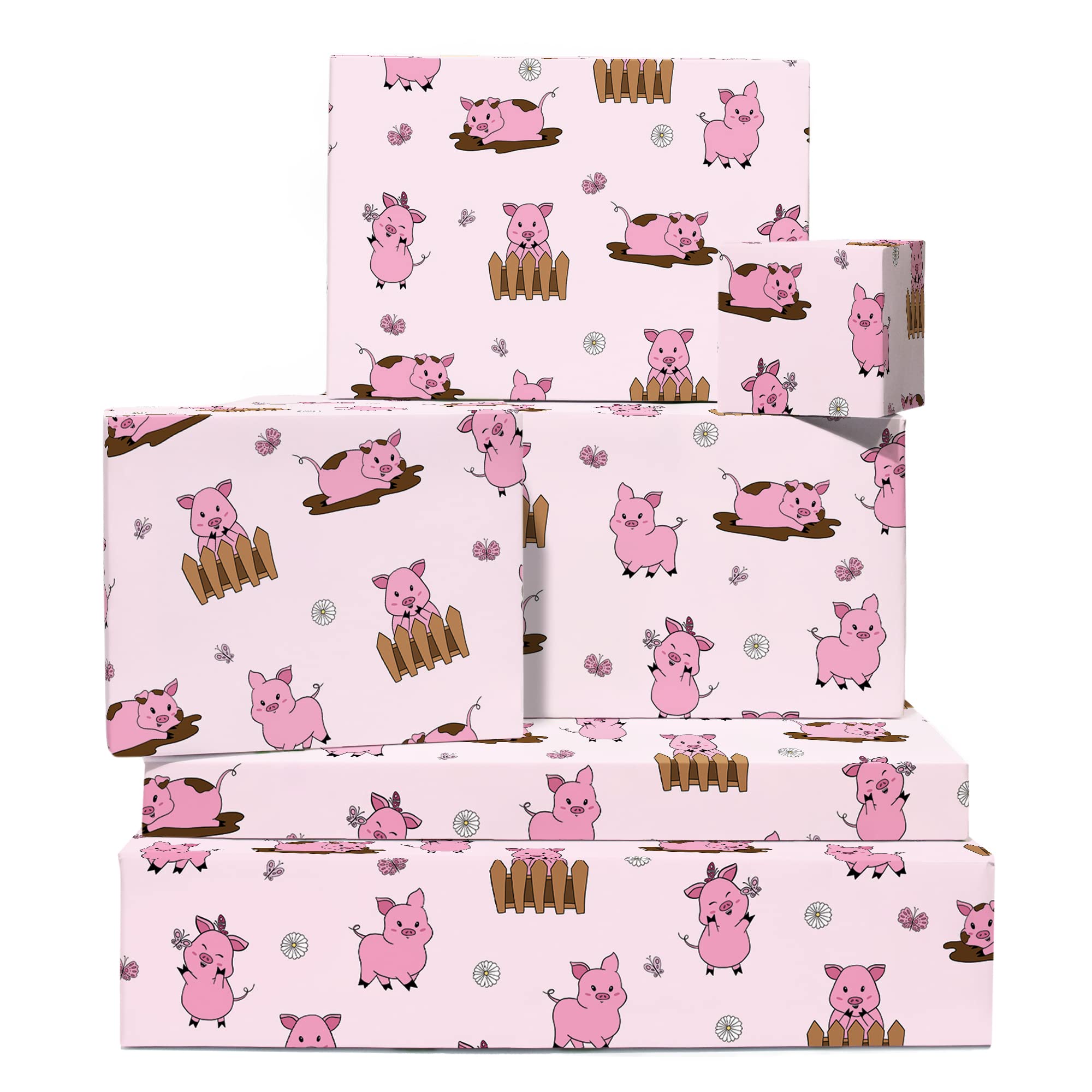 CENTRAL 23 Pig Wrapping Paper - 6 Sheets of Gift Wrap - Pink Wrapping Paper Sheets for Girls - Comes with Fun Stickers - Made in the UK