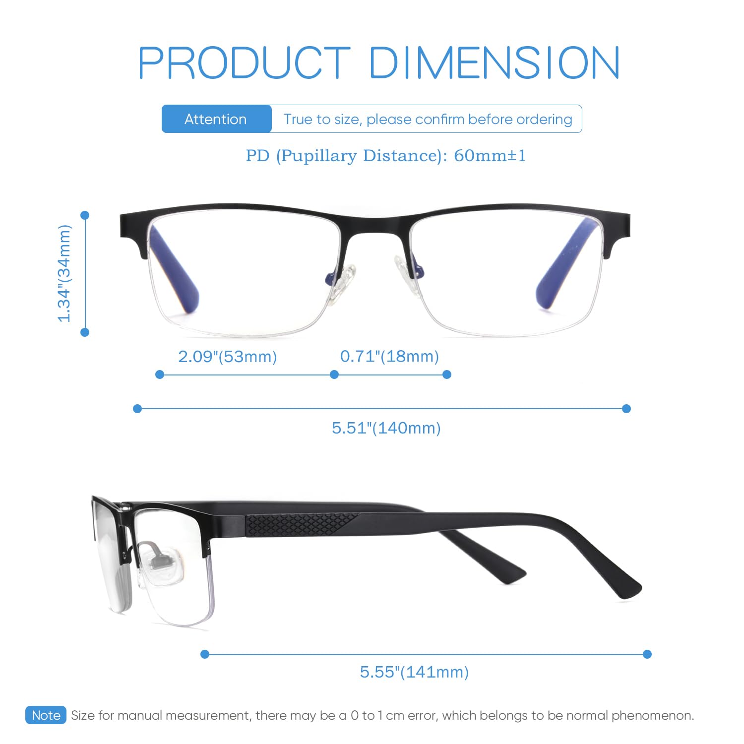Missfive 2 Pack Mens Quality Progressive Multifocus Reading Glasses Blue Light Blocking, Man Spring Hinge No-Line Multifocal Readers Half Frame Metal Eyeglasses (Workspace For Near Range, 2.5x)