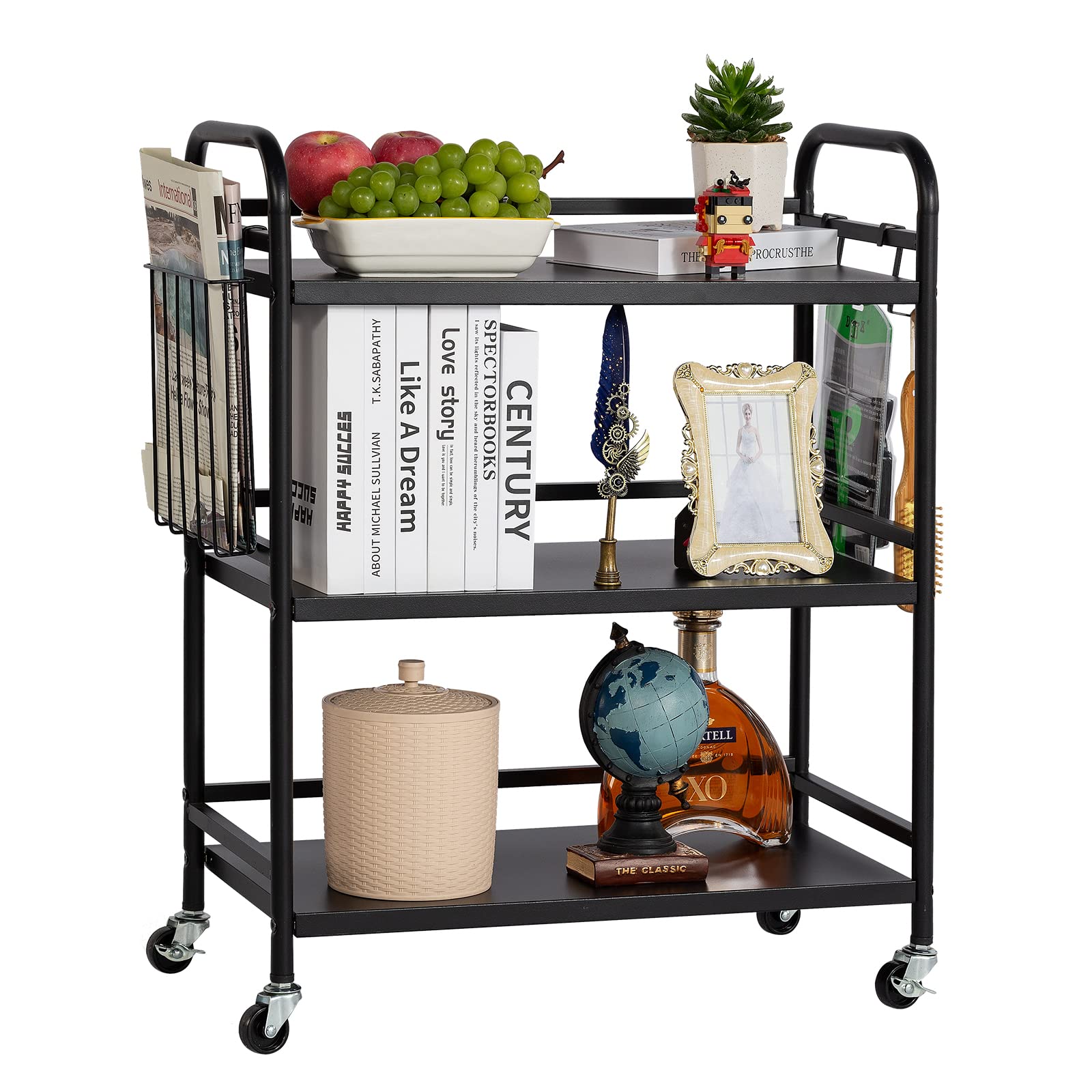 HDANI 3 Tier Metal Rolling Utility Cart,High Capacity Multi Purpose Heavy Duty Cart,for Office,Kitchen,Living Room,Bedroom,Etc.(Black)