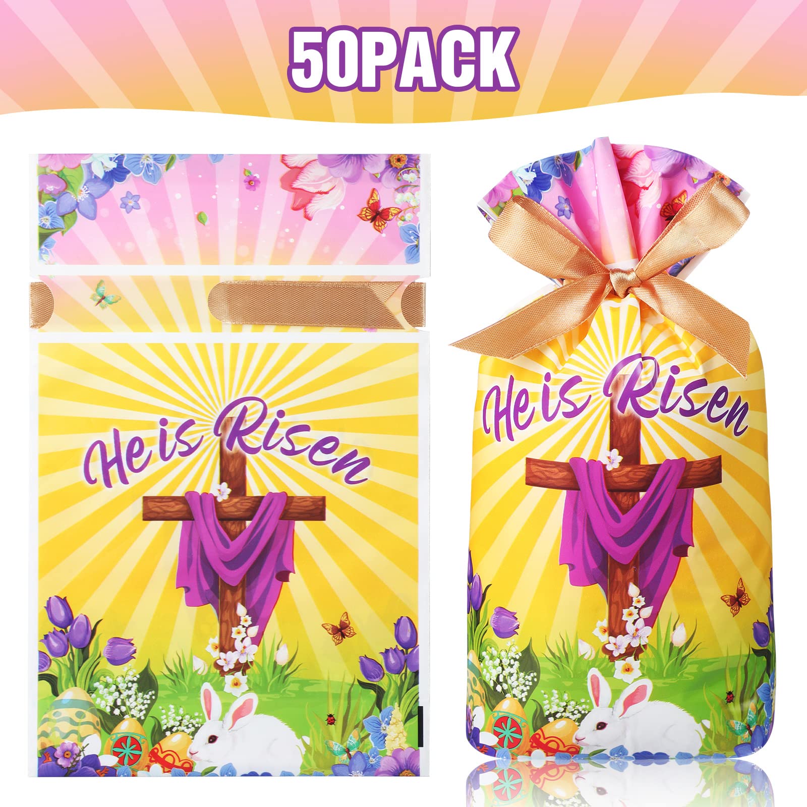 50 Pieces Easter Drawstring Gift Bags Plastic Easter Treat Bags Easter Wrapping Bag Inspiring He is Risen Sign Treat Candy Bags Easter Cookie Bags Goody Bags for Easter Theme Bible School Party Favor