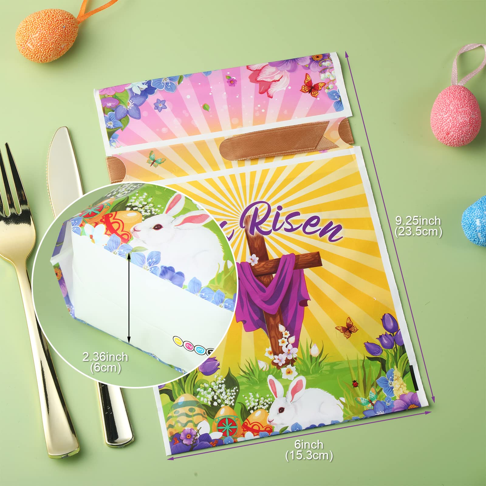 50 Pieces Easter Drawstring Gift Bags Plastic Easter Treat Bags Easter Wrapping Bag Inspiring He is Risen Sign Treat Candy Bags Easter Cookie Bags Goody Bags for Easter Theme Bible School Party Favor