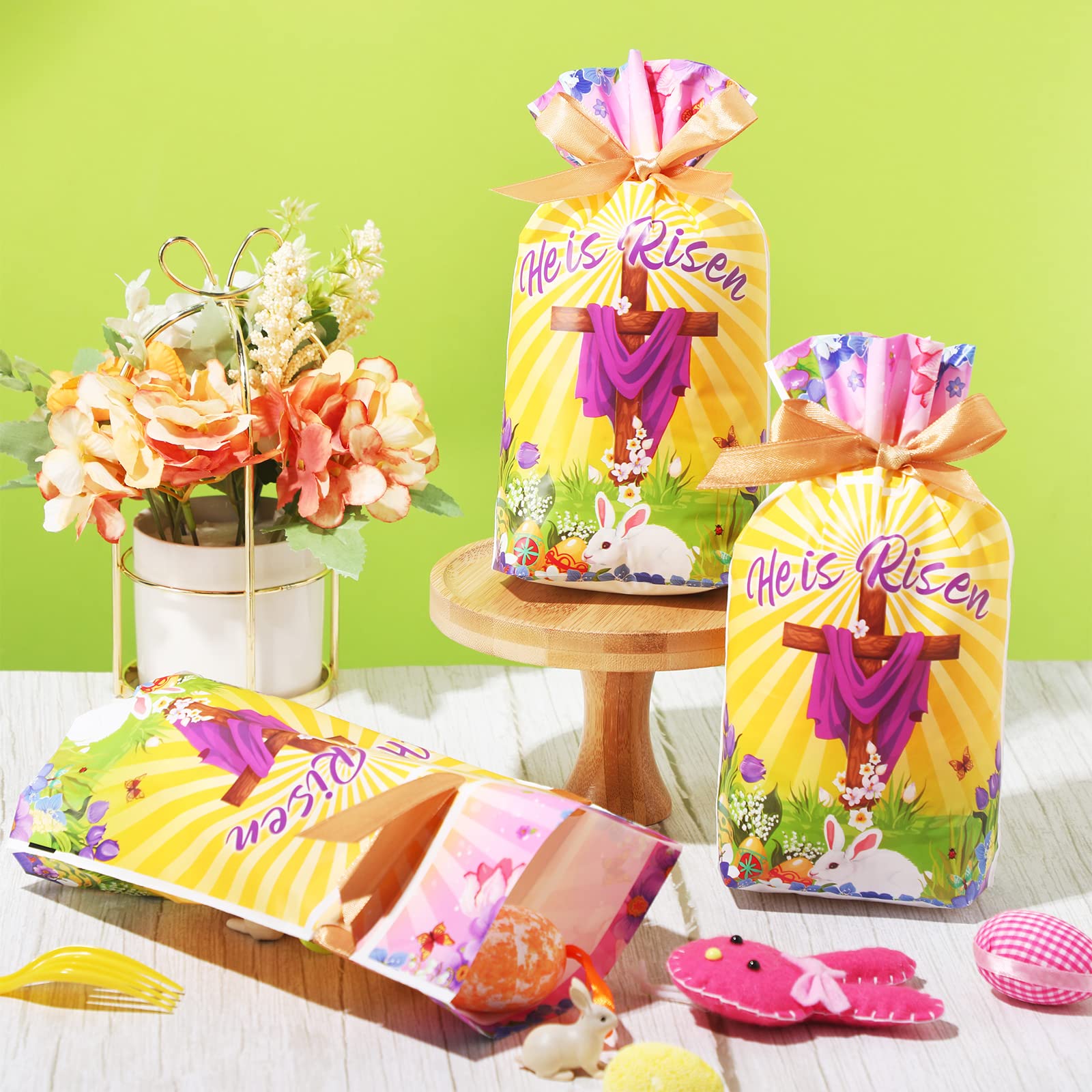 50 Pieces Easter Drawstring Gift Bags Plastic Easter Treat Bags Easter Wrapping Bag Inspiring He is Risen Sign Treat Candy Bags Easter Cookie Bags Goody Bags for Easter Theme Bible School Party Favor