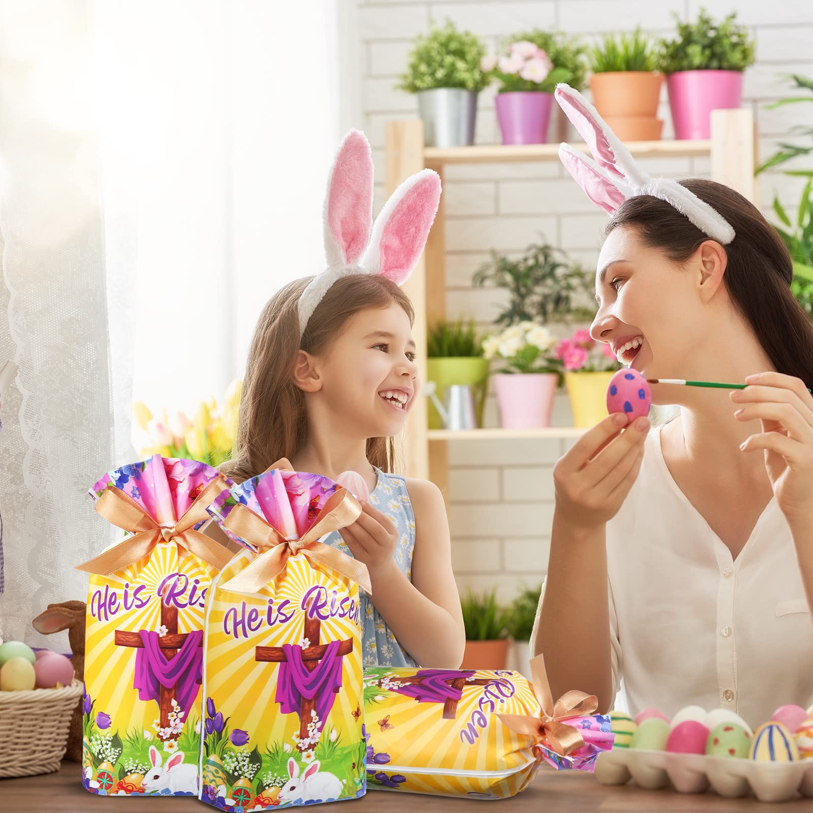 50 Pieces Easter Drawstring Gift Bags Plastic Easter Treat Bags Easter Wrapping Bag Inspiring He is Risen Sign Treat Candy Bags Easter Cookie Bags Goody Bags for Easter Theme Bible School Party Favor