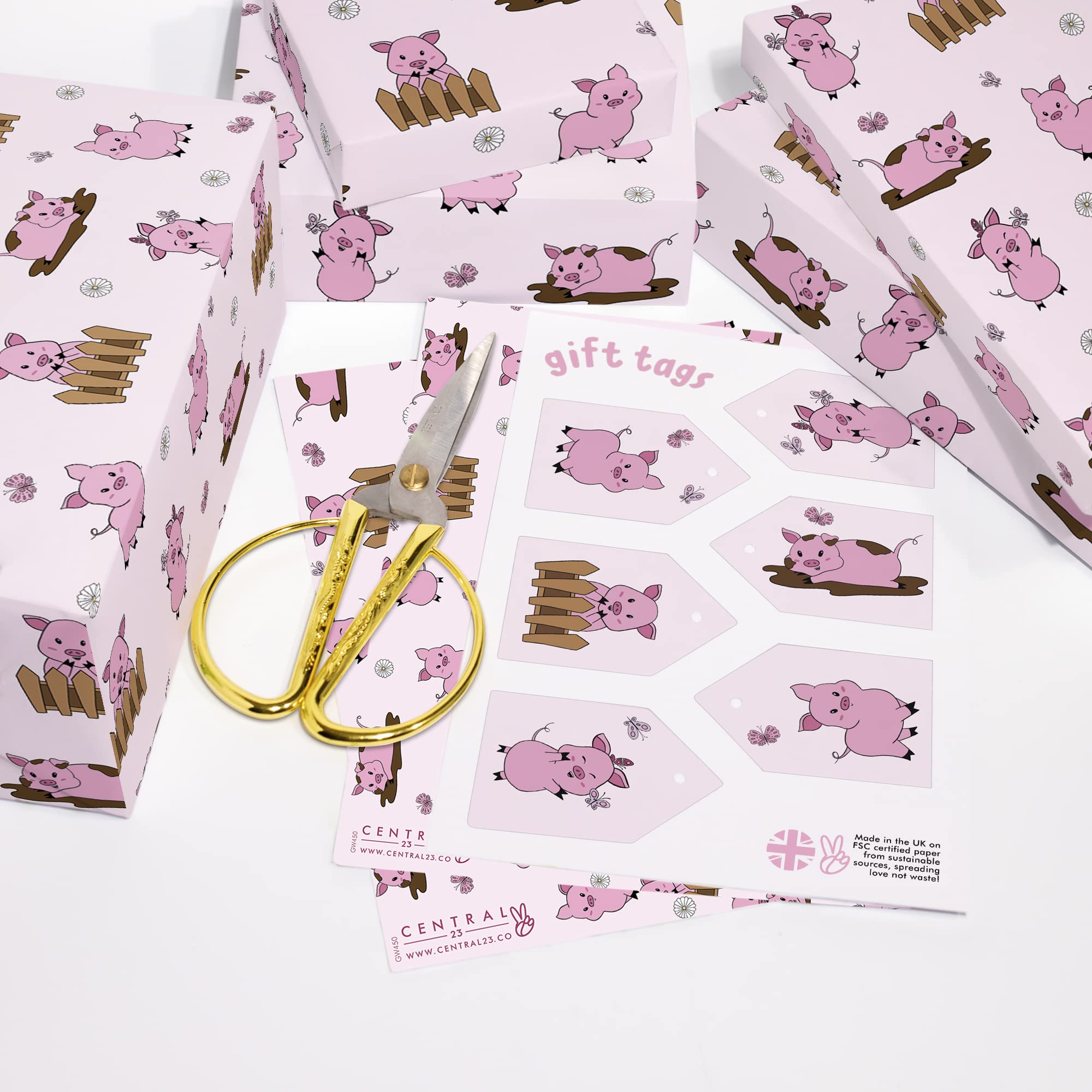 CENTRAL 23 Pig Wrapping Paper - 6 Sheets of Gift Wrap - Pink Wrapping Paper Sheets for Girls - Comes with Fun Stickers - Made in the UK