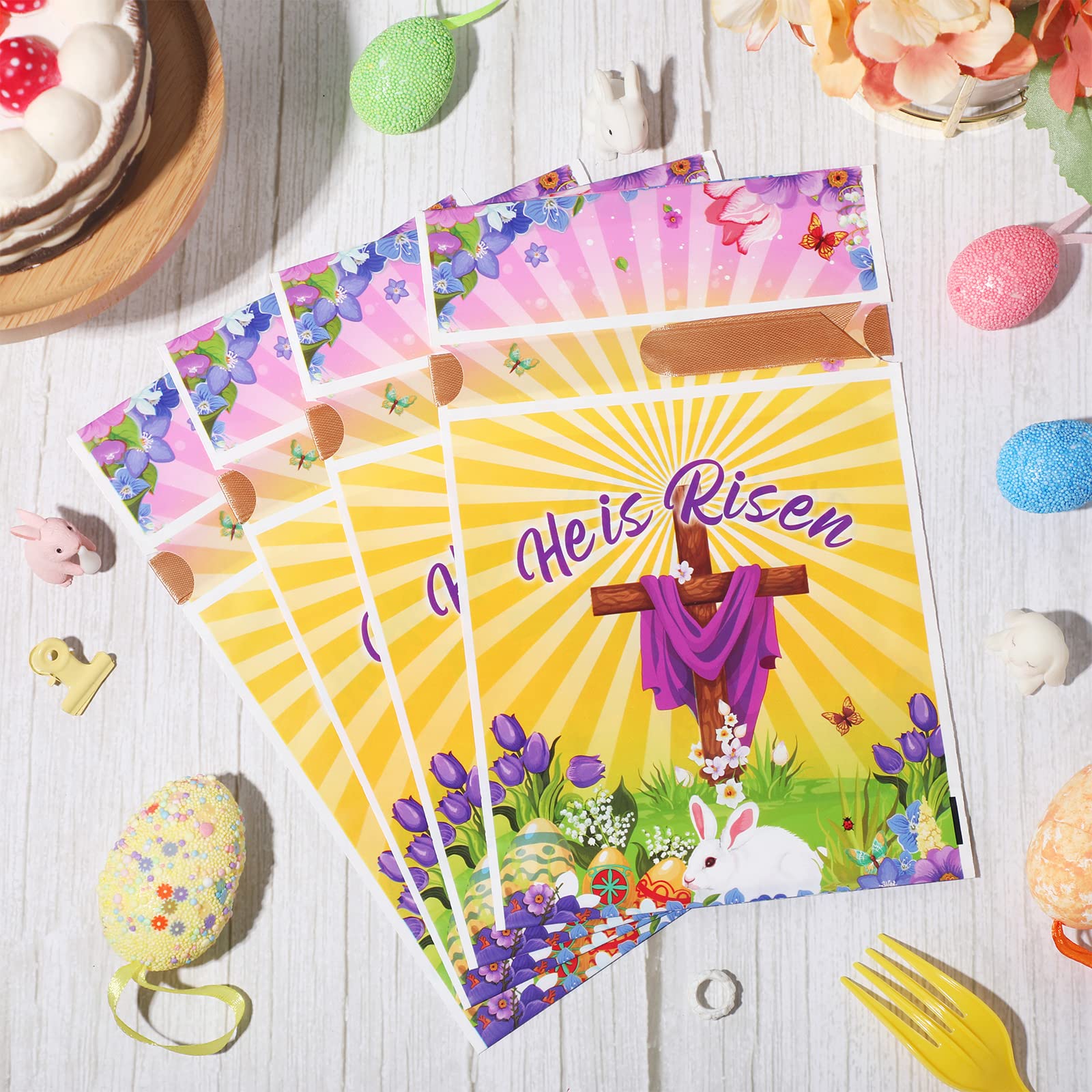 50 Pieces Easter Drawstring Gift Bags Plastic Easter Treat Bags Easter Wrapping Bag Inspiring He is Risen Sign Treat Candy Bags Easter Cookie Bags Goody Bags for Easter Theme Bible School Party Favor