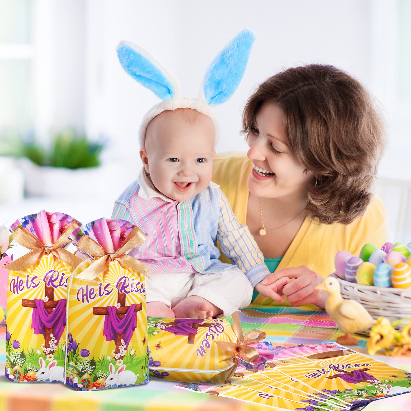 50 Pieces Easter Drawstring Gift Bags Plastic Easter Treat Bags Easter Wrapping Bag Inspiring He is Risen Sign Treat Candy Bags Easter Cookie Bags Goody Bags for Easter Theme Bible School Party Favor