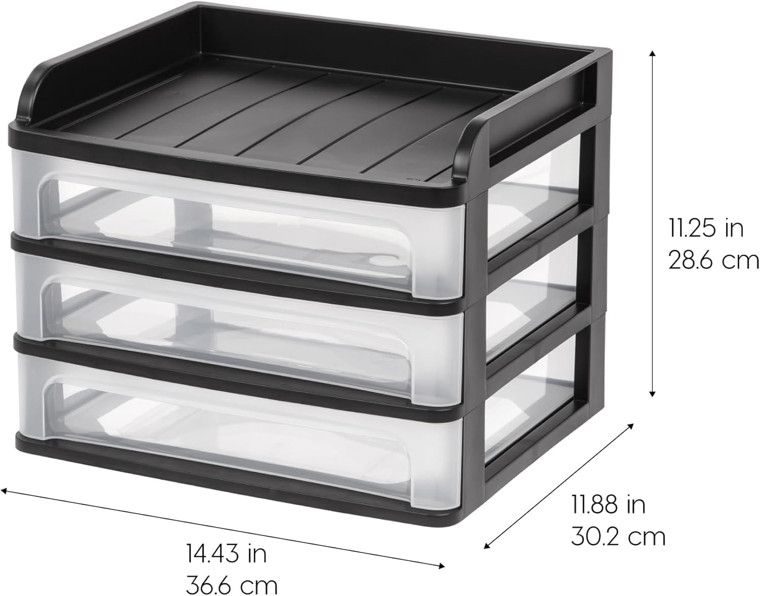 IRIS USA Medium 3-Drawer Desktop Organizer with Open Tray Top, for Office, School, Stationary, Makeup Organizer, Bathroom, Utility, Medical Supplies, Desk Organizer, Versatile Storage, Black