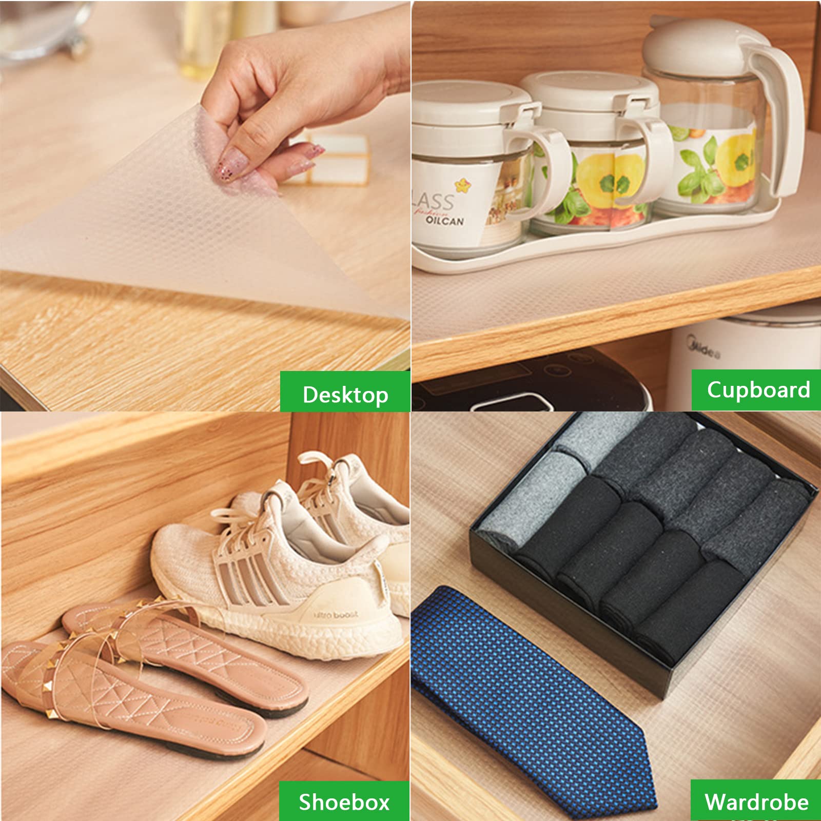 4 Rolls Non Adhesive Shelf Liners for Kitchen Cabinets, Waterproof Drawer Liners for Kitchen, Non-Slip Cabinet Liner for Kitchen Cabinet, Shelves, Desks, 17.7 Inch X 5 FT