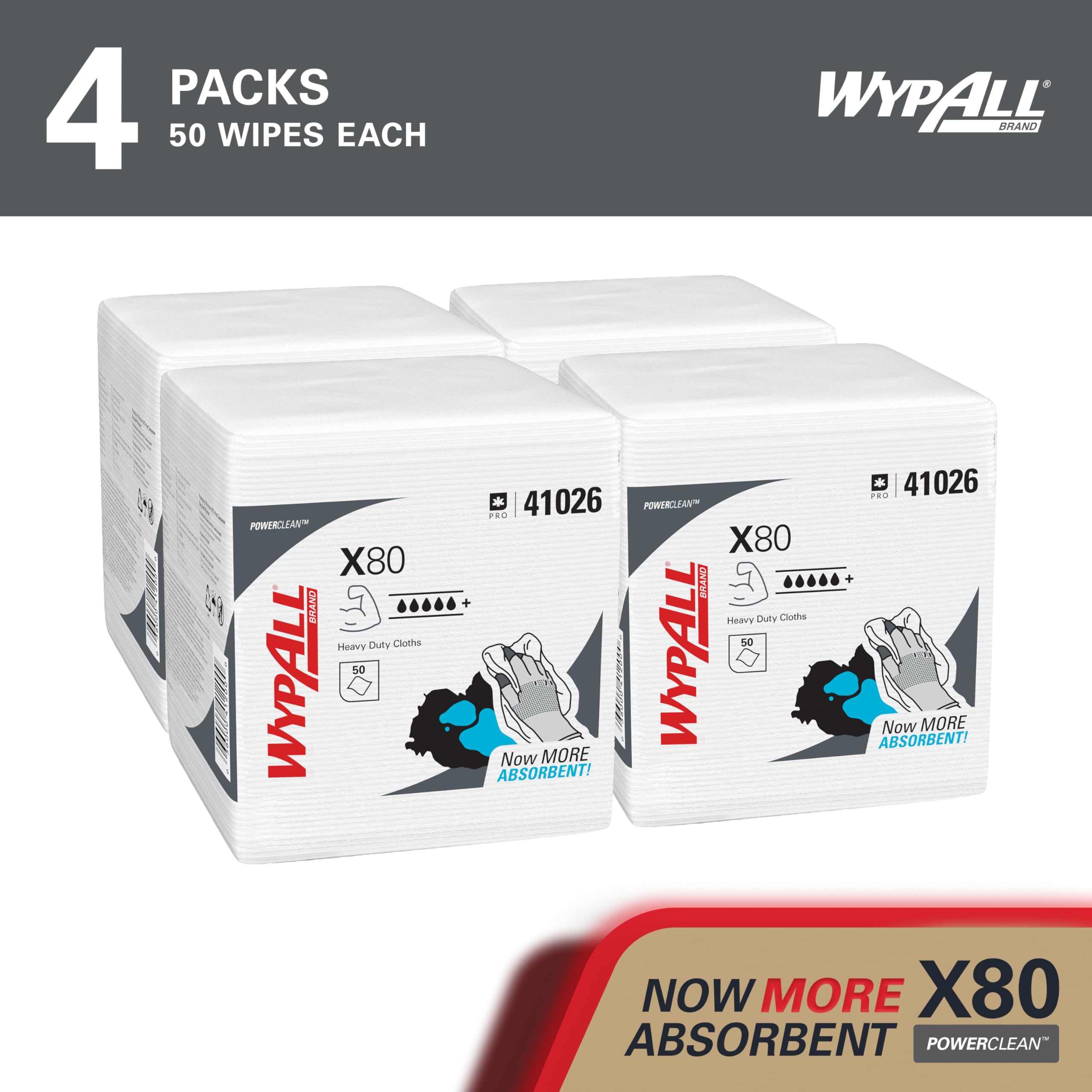 WypAll Power Clean X80 Heavy Duty Cloths (41026), Extended Use Cloths Quarter-fold Format, White, 50 Sheets / Pack; 4 Packs / Case; 200 Folded Sheets / Case