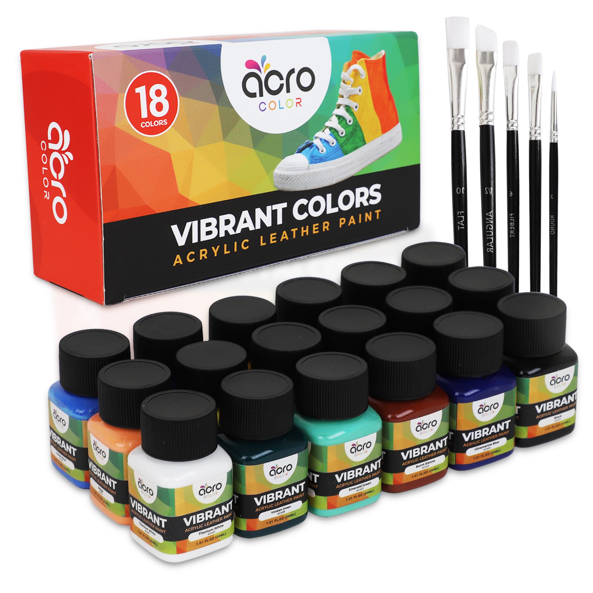 Acrylic Leather Paint for Shoes - 18 Color Acrylic Leather Paint Kit With 5 Paint Brushes (Deglazer and finisher not Included) - Great Repair Finisher For Shoes, Sneakers, Couches, Bags, Car Seats, Wallets, Jackets