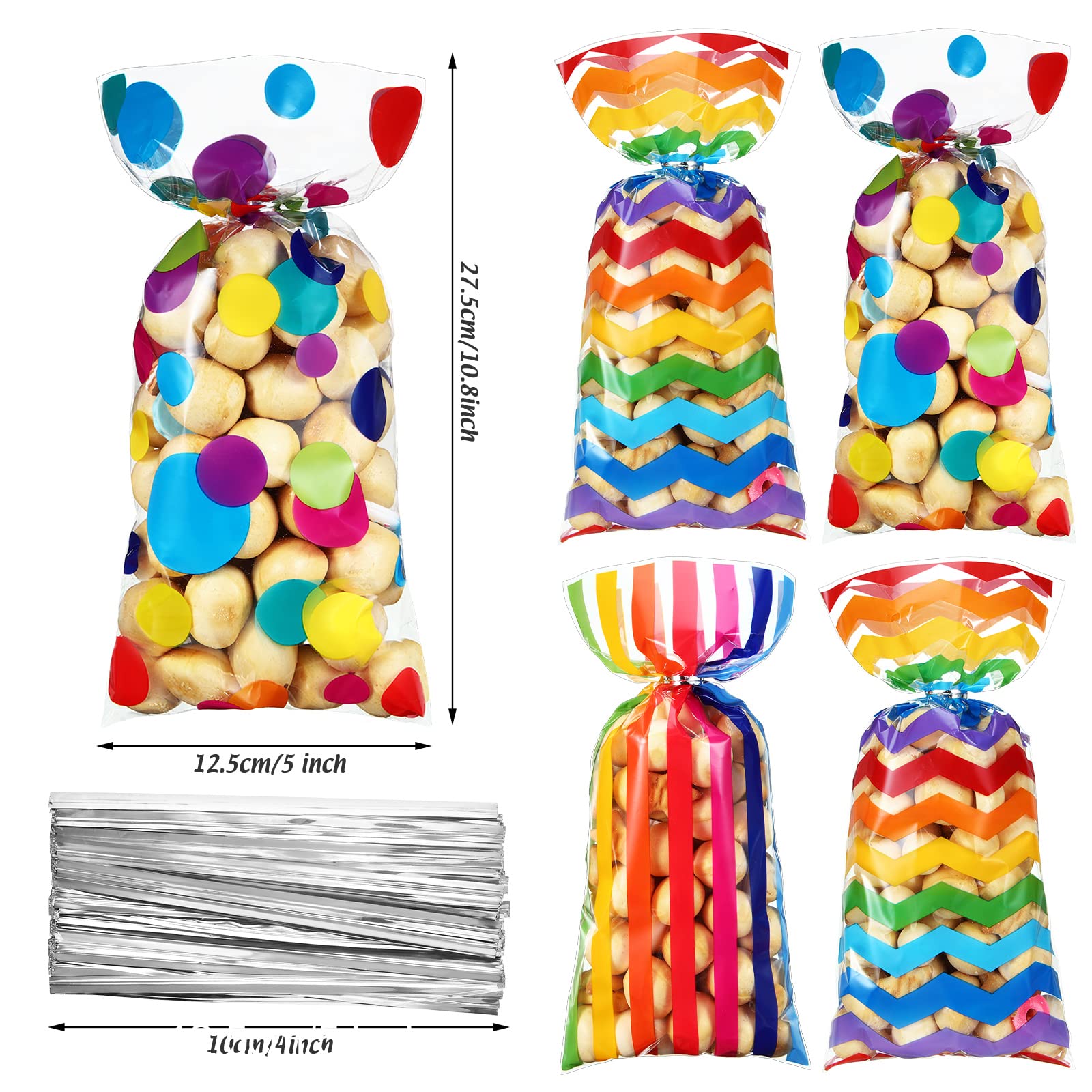 Rainbow Cellophane Treat Bags, Polka Dot Stripes Printed Pattern Goodie Candy Favor Bags with Twist Ties for Pride Day Kids School Lunches Baby Shower Birthday Party Supplies(105 Pieces)