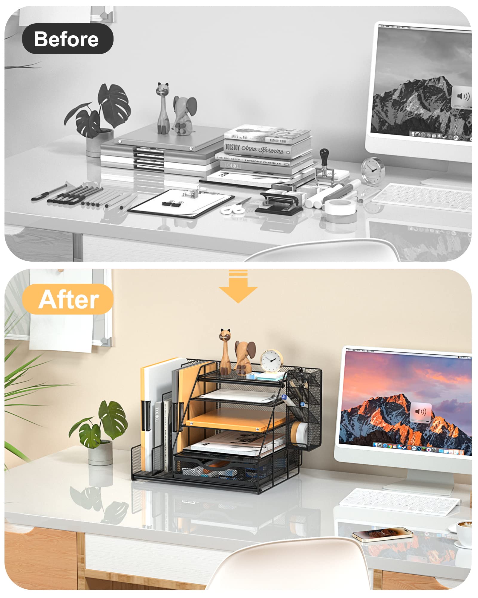 Egepon Office Desk Organizer with Vertical File Folder Holders 5-Tier Paper Letter Tray with Drawer and Hanging Pen Holder Multifunction Office Supplies and Accessories for Office School Home