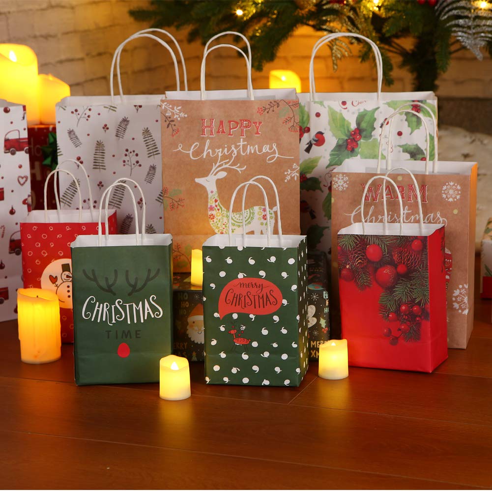 Sattiyrch Christmas Gift Bags 28 Count,Xmas Holidays Kraft Gift Bag Assorted Sizes,7 Jumbo, 7 Large, 7 Medium, 7 Small