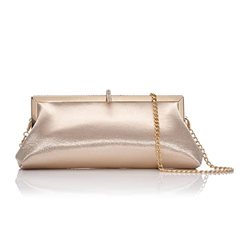 Luxury Satin Classic Evening Clutch Bag with Elegant Rhinestone Bling Crossbody Bag for wedding bridal graduation prom (Gold)