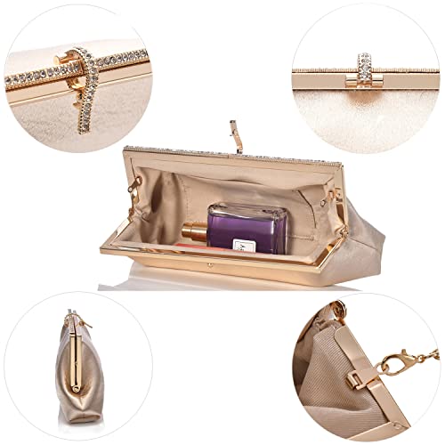 Luxury Satin Classic Evening Clutch Bag with Elegant Rhinestone Bling Crossbody Bag for wedding bridal graduation prom (Gold)