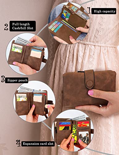 CONISY Small Womens Wallet with RFID Blocking, Leather Bifold Multi Card Organizer Wristlet Wallets for Women (Brown)