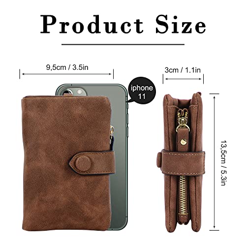 CONISY Small Womens Wallet with RFID Blocking, Leather Bifold Multi Card Organizer Wristlet Wallets for Women (Brown)