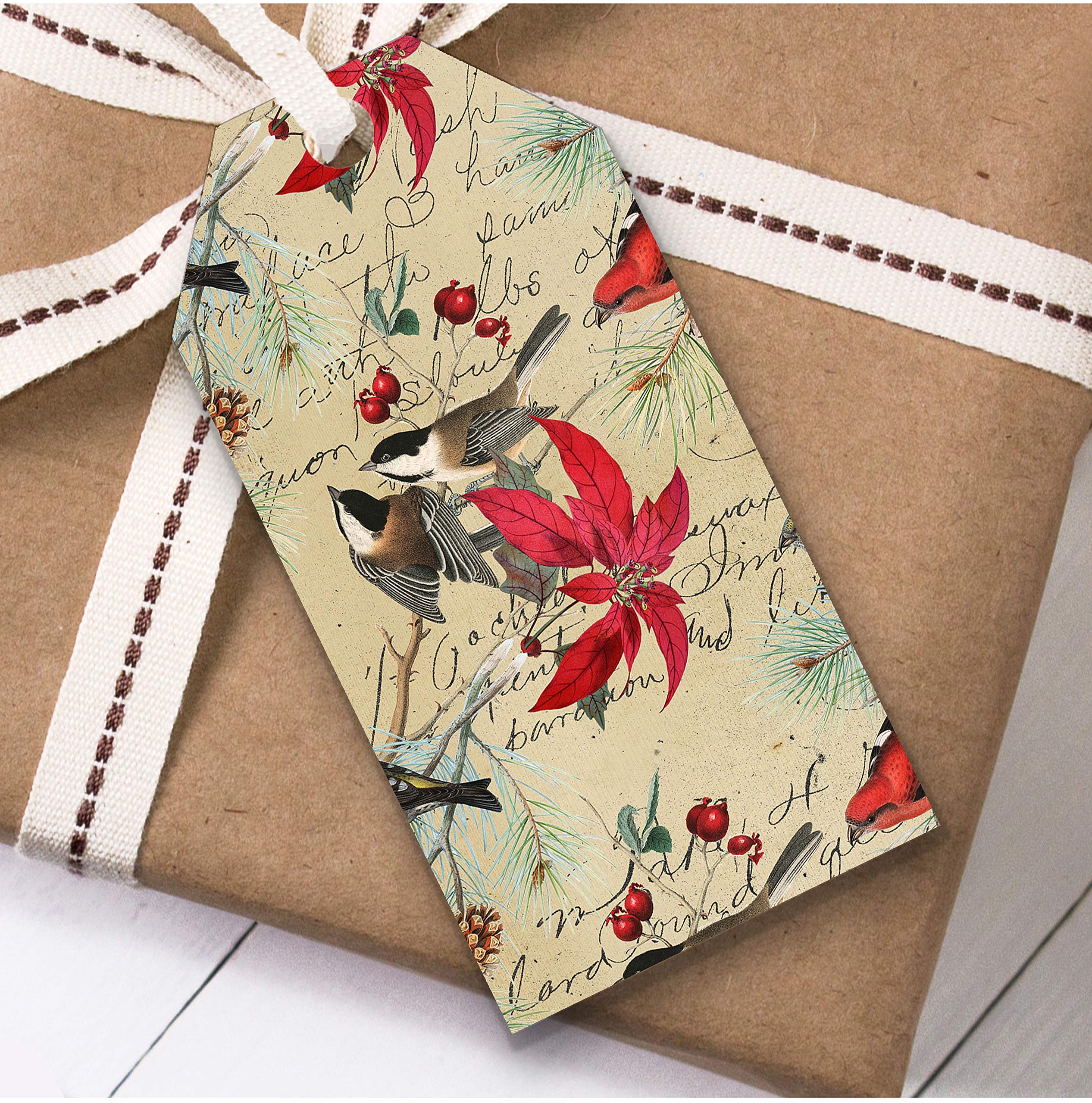 Vintage Blue Birds Red Flowers Christmas Gift Tags (Present Favor Labels)
