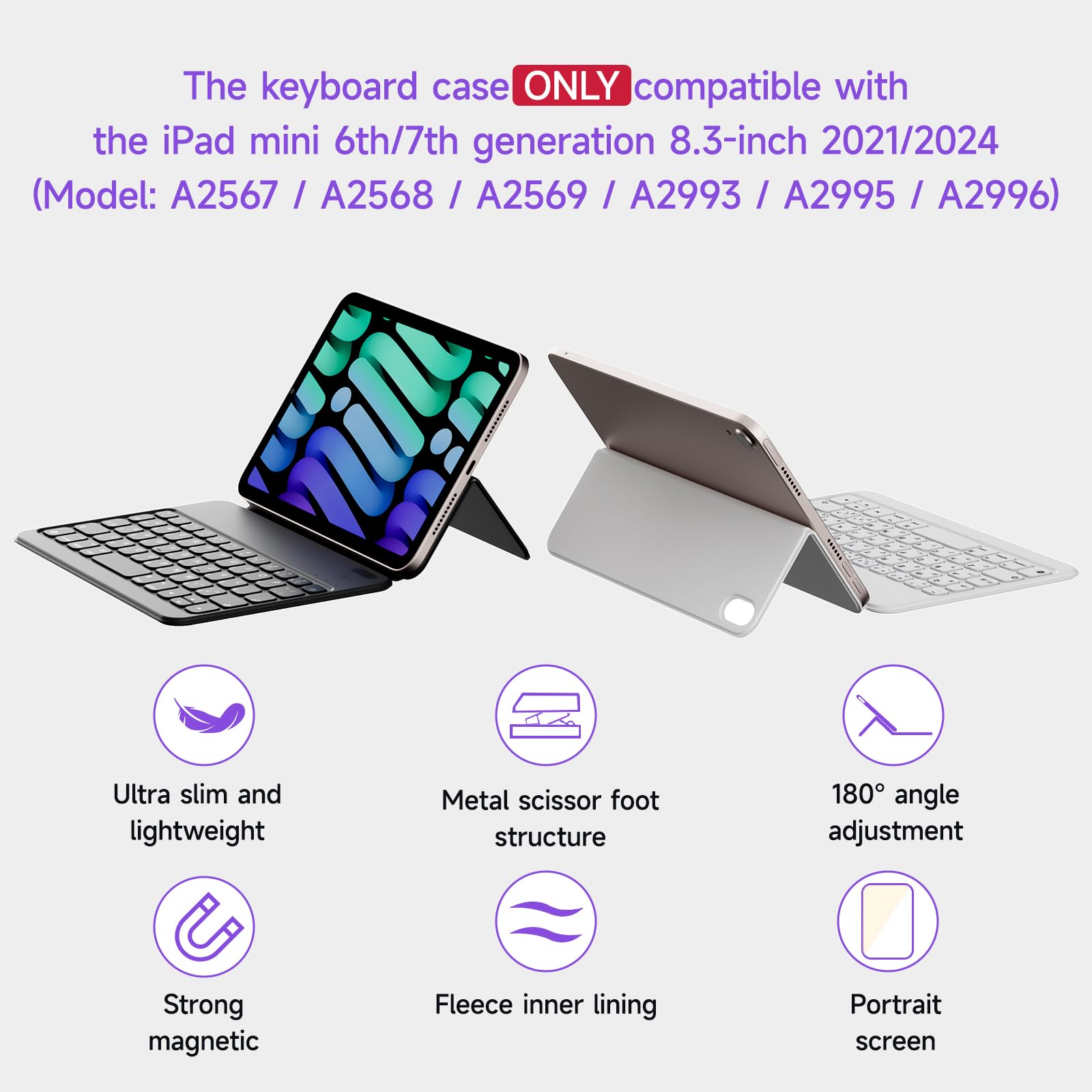 HOU Keyboard Case for iPad Mini 7th (A17 Pro, 2024) & 6th (2021) 8.3-inch, Ultra Slim Folio Type of Keyboard, Power Display, Magnetic Protective Cover Support iPad Mini 6/7