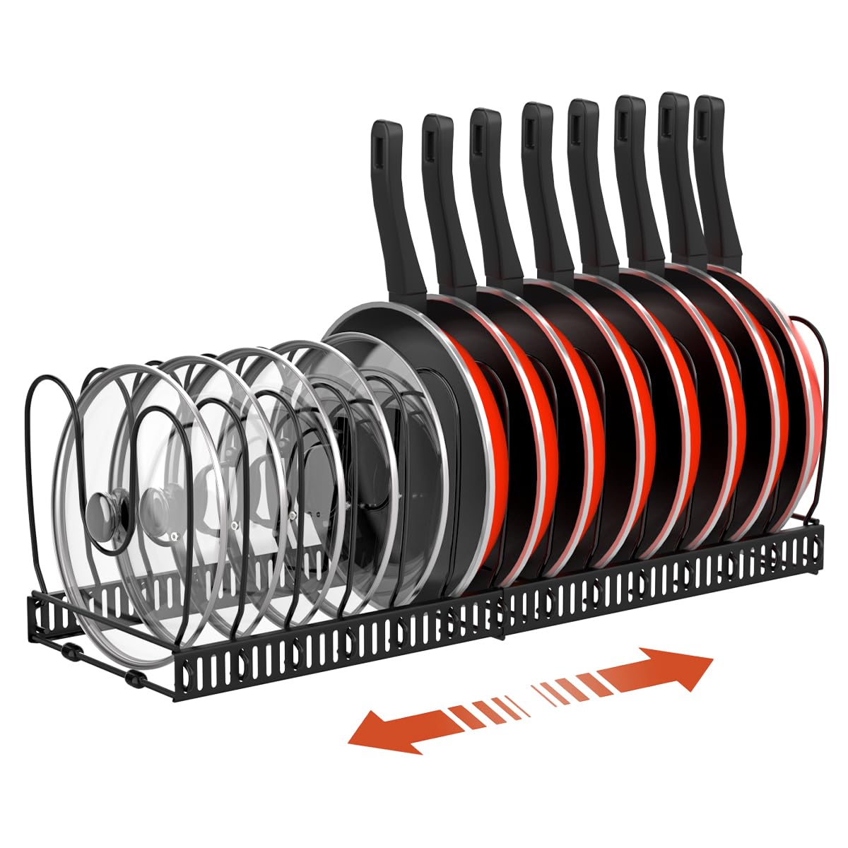 Housolution Pot and Pan Organizer Rack for Cabinet, Expandable Pot Lid Organizer Holder with 14 Adjustable Dividers, Pan Organization and Storage Lid Organizer Rack Pots and Pans for Cabinet, Black