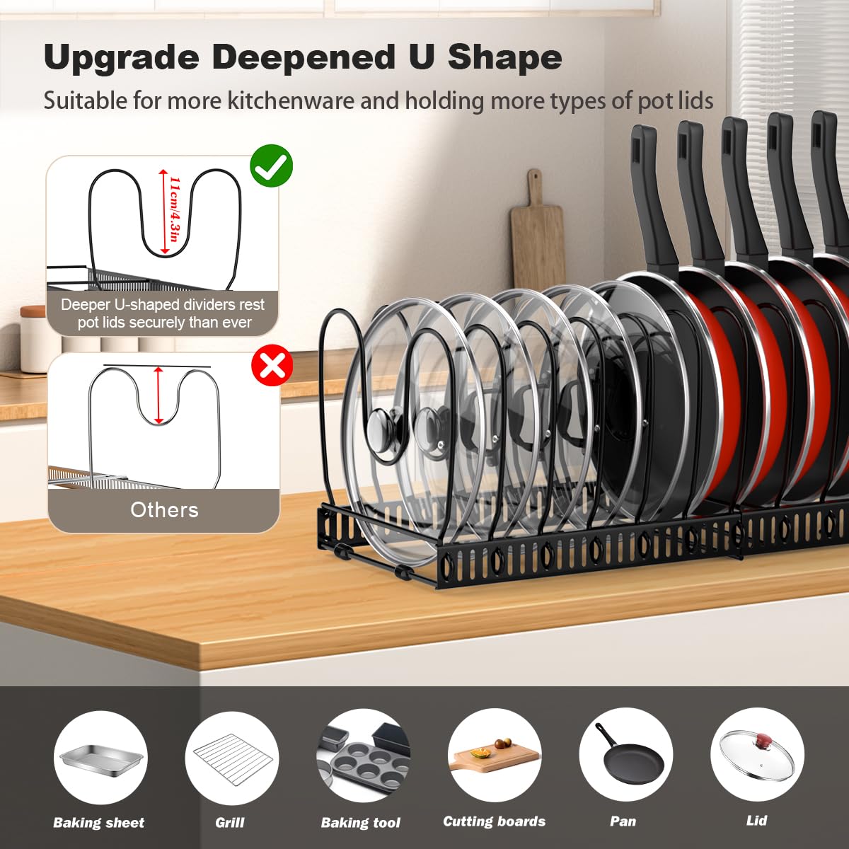 Housolution Pot and Pan Organizer Rack for Cabinet, Expandable Pot Lid Organizer Holder with 14 Adjustable Dividers, Pan Organization and Storage Lid Organizer Rack Pots and Pans for Cabinet, Black