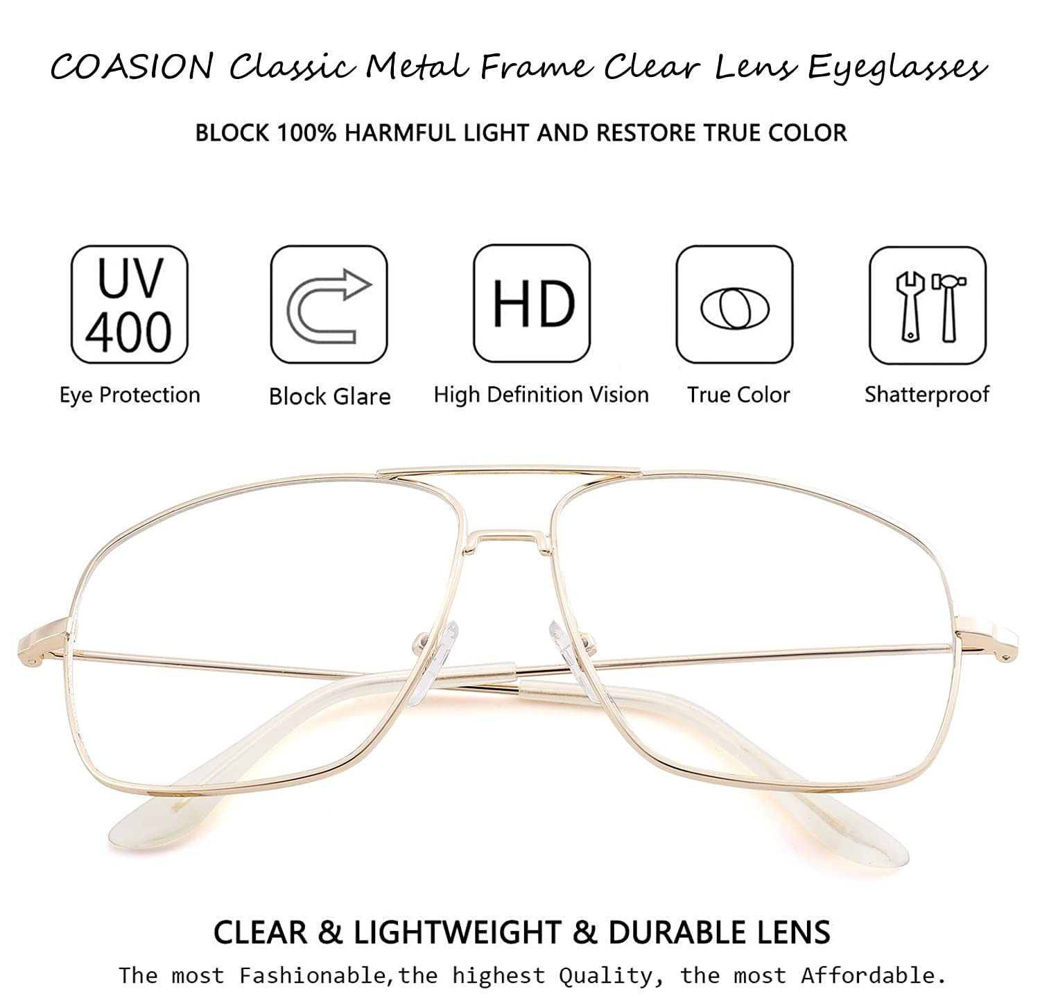 COASION Classic Non-prescription Clear Lens Eyeglasses Metal Frame Eyewear for Women Men (Gold)