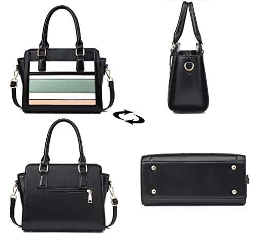 ZiMingĀ® Handbag Set for Women Faux Leather Tote Bag Top Handle Bag Stripe Splicing Purse Wallet Clutch 2Pcs Set-Green