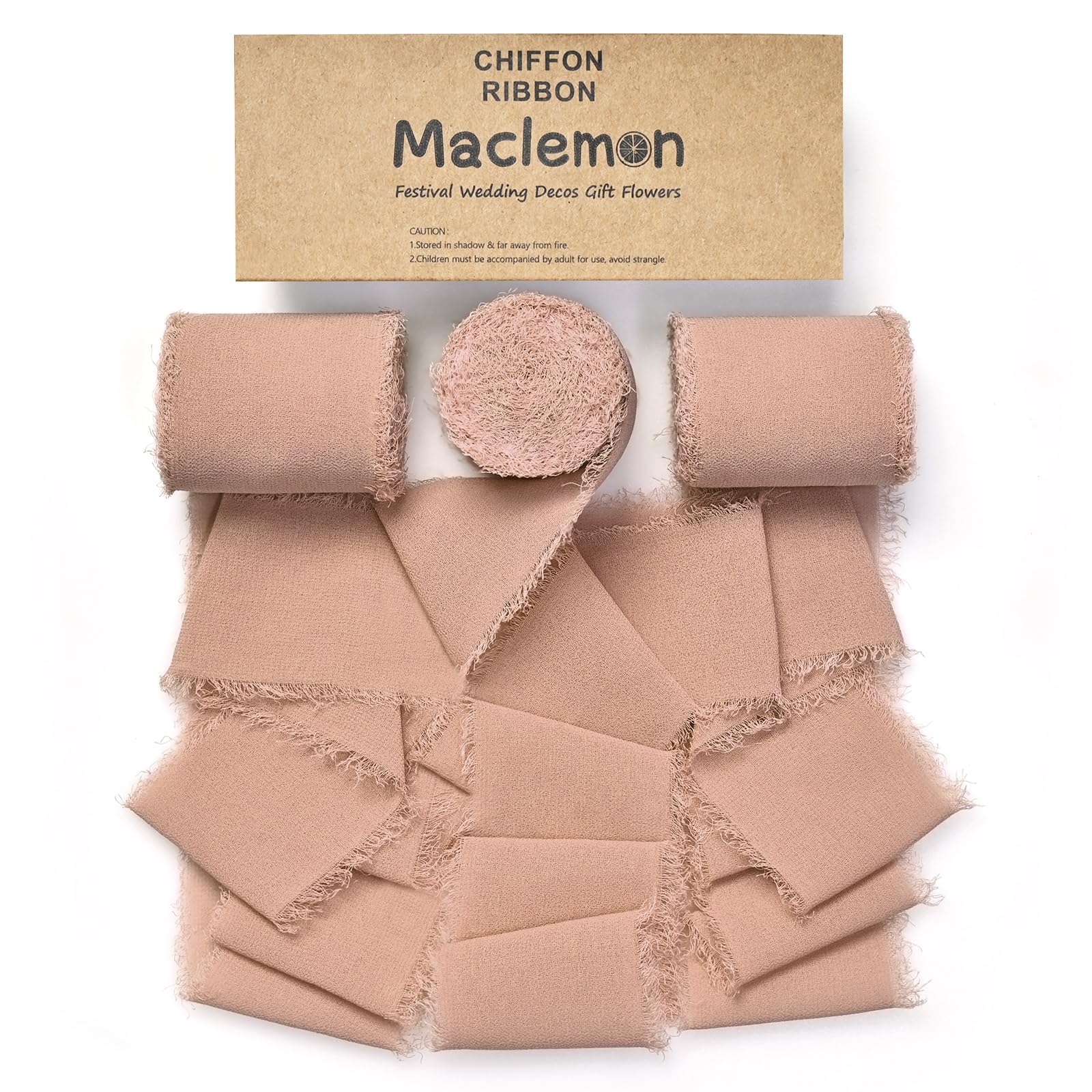 Maclemon Handmade Fringe Dusty Rose Nude Pink Mauve Chiffon Silk Ribbon 3 Rolls 2" x 7Yd Ribbons Set for Wedding Invitations,Bridal Bouquets,Gifts Wrapping,DIY Crafts