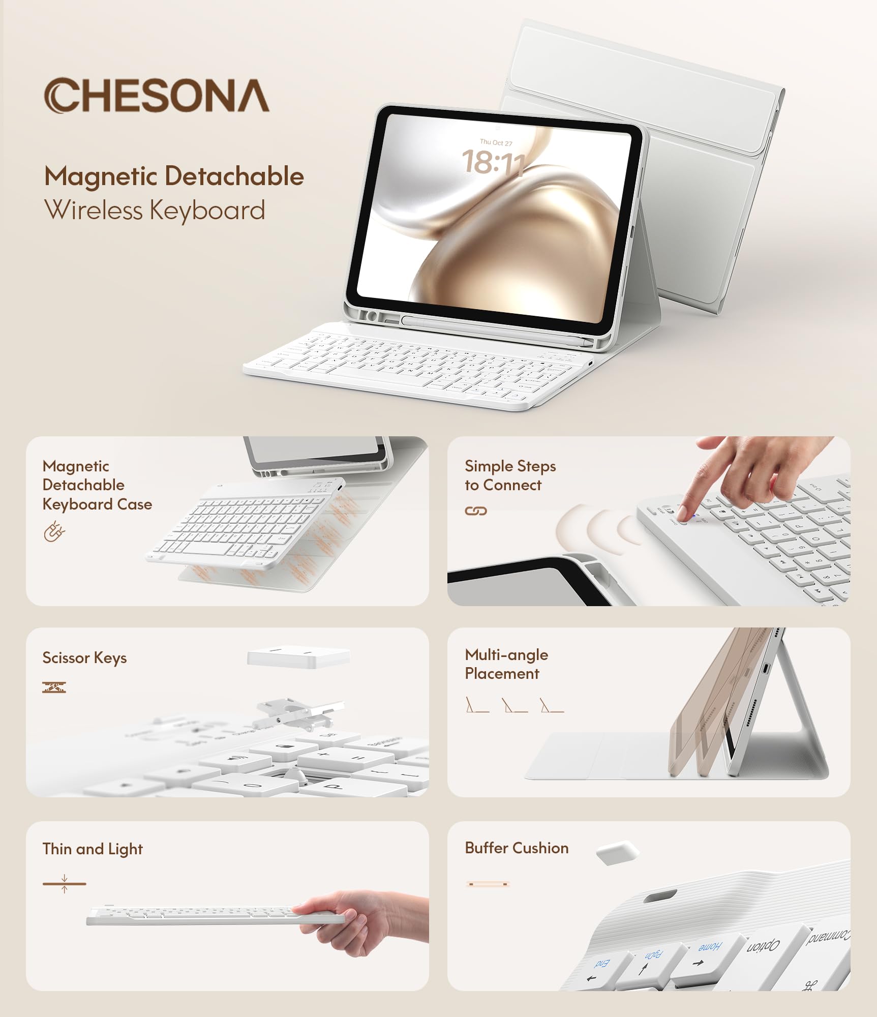 CHESONA Keyboard Case for iPad 10th Generation 10.9-inch 2022, Detachable Bluetooth Keyboard, Stand Folio Keyboard Cover with Pencil Holder, Rechargeable Keyboard for iPad 10th Gen 2022 (White)