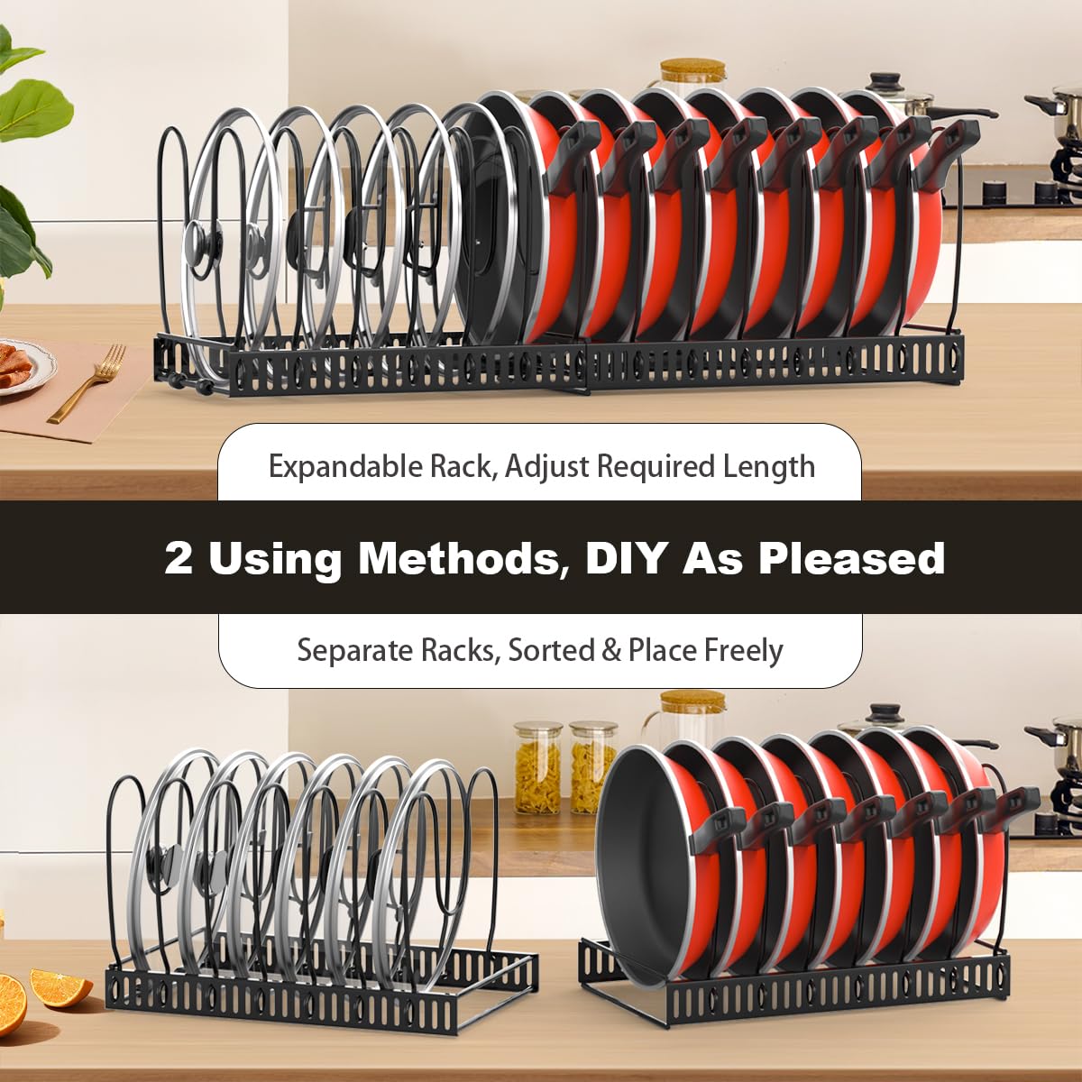 Housolution Pot and Pan Organizer Rack for Cabinet, Expandable Pot Lid Organizer Holder with 14 Adjustable Dividers, Pan Organization and Storage Lid Organizer Rack Pots and Pans for Cabinet, Black