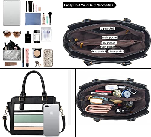 ZiMingĀ® Handbag Set for Women Faux Leather Tote Bag Top Handle Bag Stripe Splicing Purse Wallet Clutch 2Pcs Set-Green