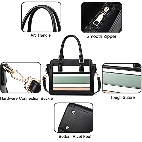 ZiMingĀ® Handbag Set for Women Faux Leather Tote Bag Top Handle Bag Stripe Splicing Purse Wallet Clutch 2Pcs Set-Green