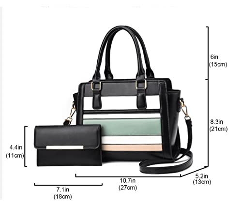 ZiMingĀ® Handbag Set for Women Faux Leather Tote Bag Top Handle Bag Stripe Splicing Purse Wallet Clutch 2Pcs Set-Green