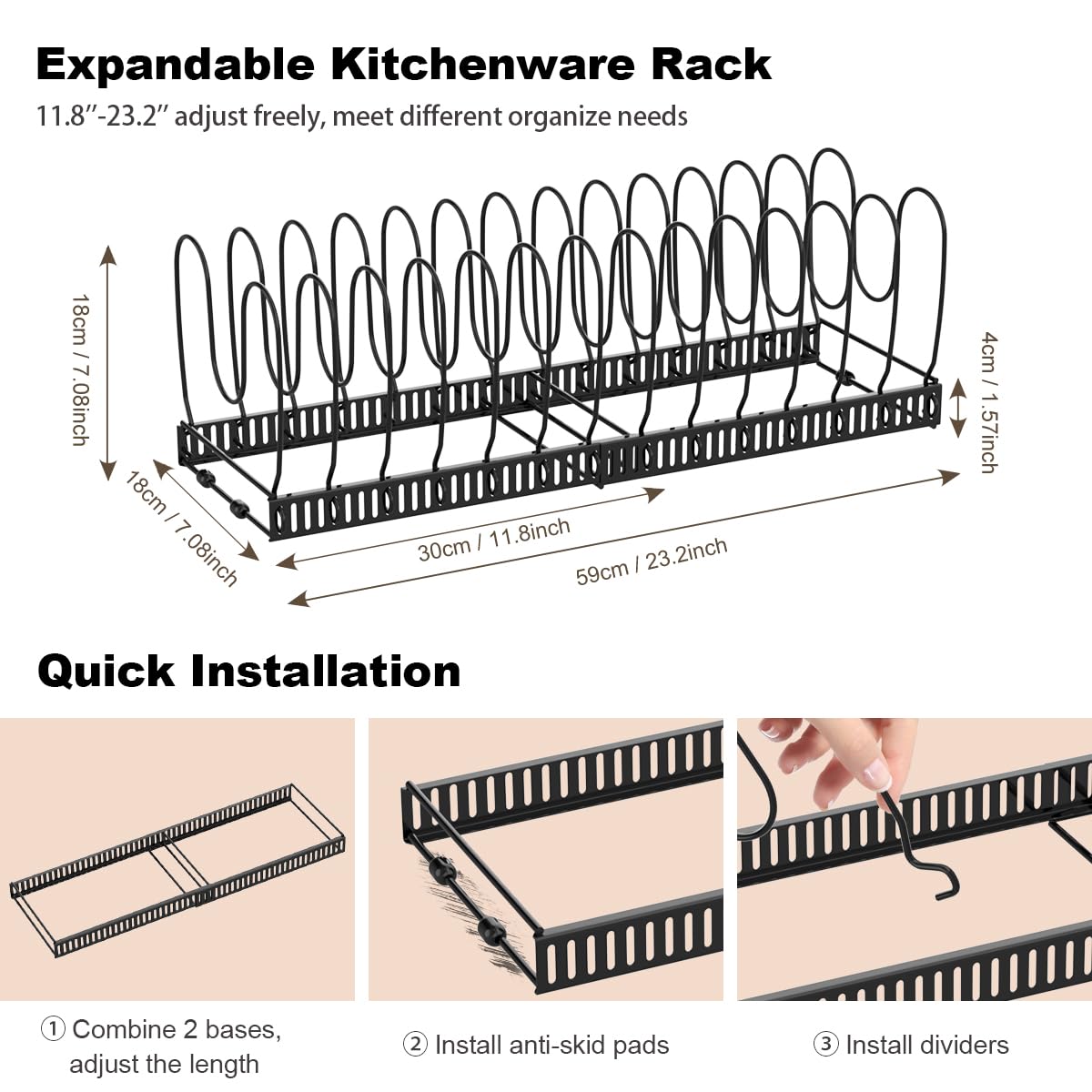 Housolution Pot and Pan Organizer Rack for Cabinet, Expandable Pot Lid Organizer Holder with 14 Adjustable Dividers, Pan Organization and Storage Lid Organizer Rack Pots and Pans for Cabinet, Black