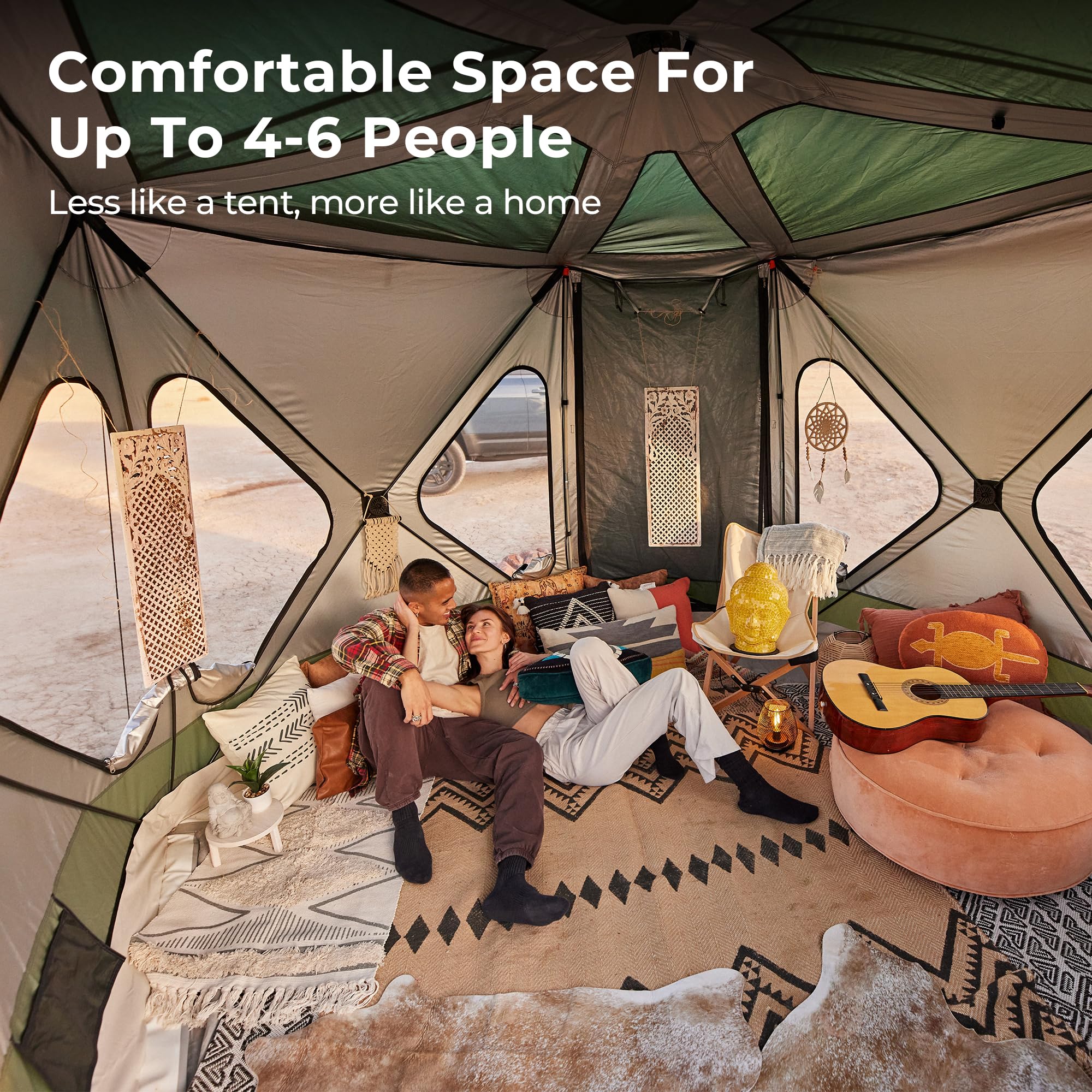 ACACIA Space Camping Tent XL, 4-6 Person Large Family Tent with 6'10'' Height, 2 Doors, 8 Windows, Waterproof Pop Up Easy Setup Hub Tent with Rainfly, Footprint for Car Camping, Glamping, Sunrise