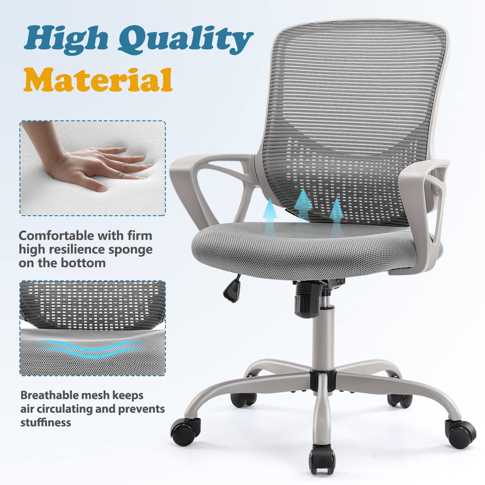 Ergonomic Office Chair - Home Desk Mesh Chair with Fixed Armrest, Executive Computer Chair with Soft Foam Seat Cushion and Lumbar Support, Grey