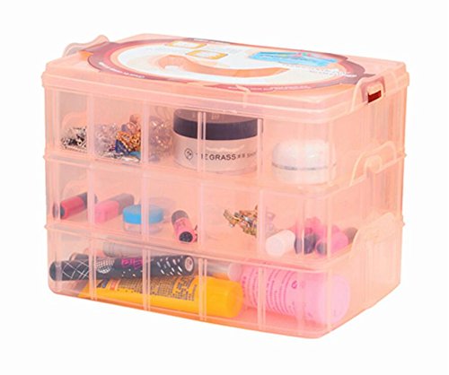 3-Tier Transparent Stackable Adjustable Compartment Slot Plastic Craft Storage Box Organizer Snap-Lock Tray Container 3 Sizes 4 Candy Colors Available (Large 30 Compartment, Orange)