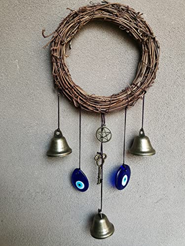 Witch Bells for Door Knob Protection,Witchy Wicca Decor Clear Negative Energies with Blue Evil Eyes for Home Garden Courtyard Decor Protection