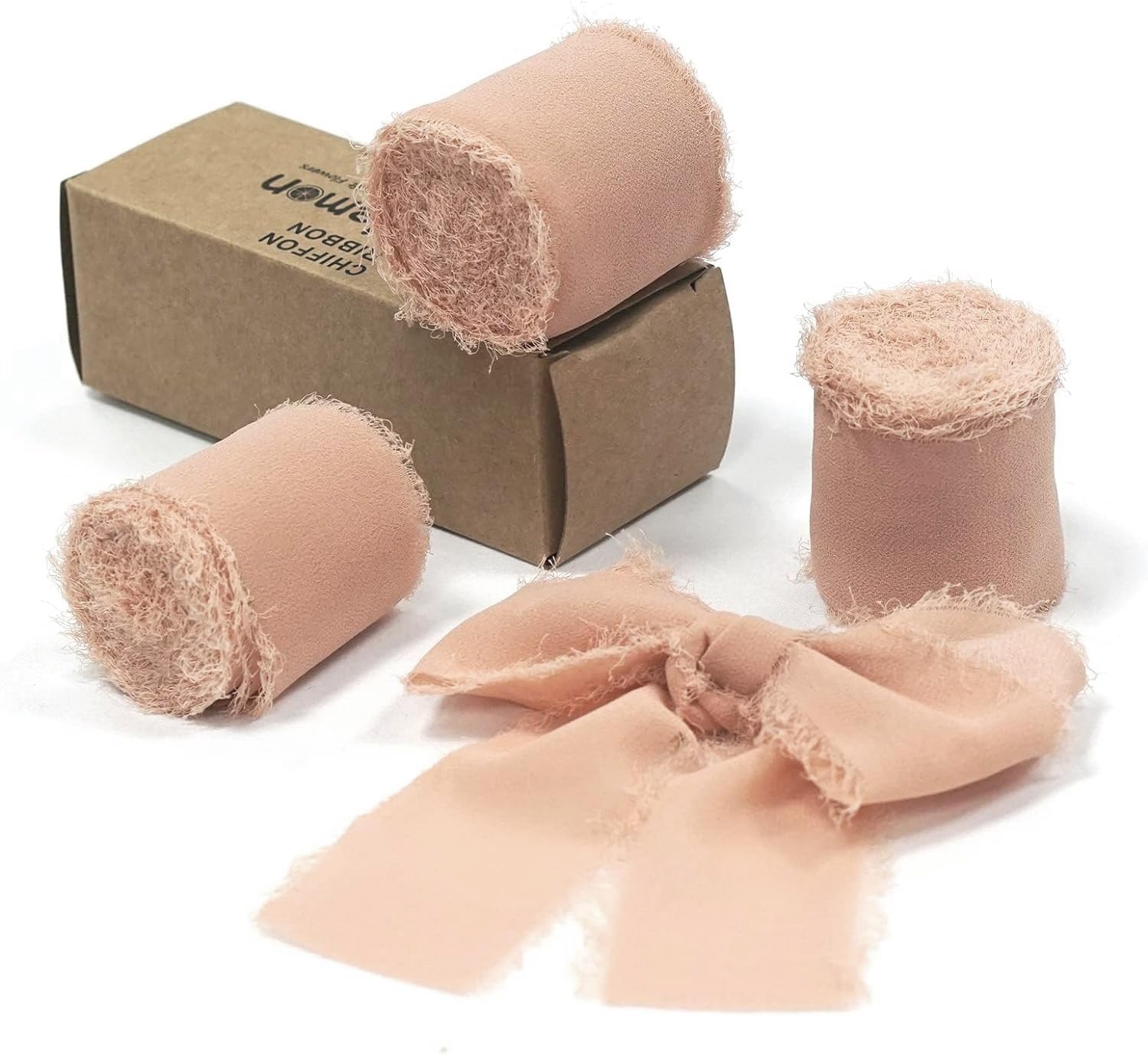 Maclemon Handmade Fringe Dusty Rose Nude Pink Mauve Chiffon Silk Ribbon 3 Rolls 2" x 7Yd Ribbons Set for Wedding Invitations,Bridal Bouquets,Gifts Wrapping,DIY Crafts
