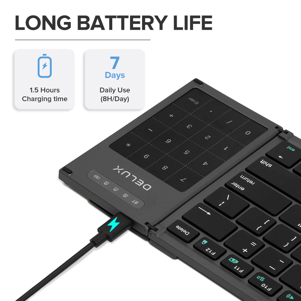 DeLUX Full Size Folding Keyboard 78 Keys, Wireless Bluetooth Keyboard with 2-in-1 Touchpad, Portable Travel Multi-Device and Multi-System Keyboard (KF17)